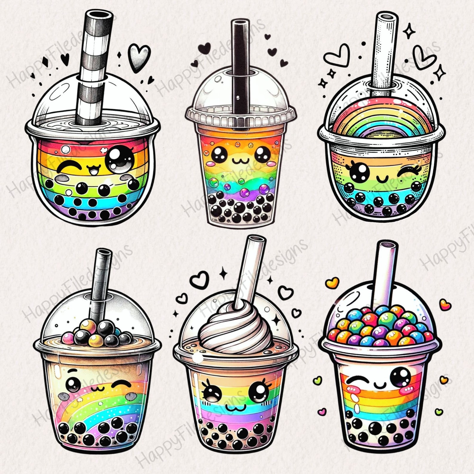 Kawaii Bubble Tea Clipart Set: Rainbow Boba Tea PNG (digital Download ...