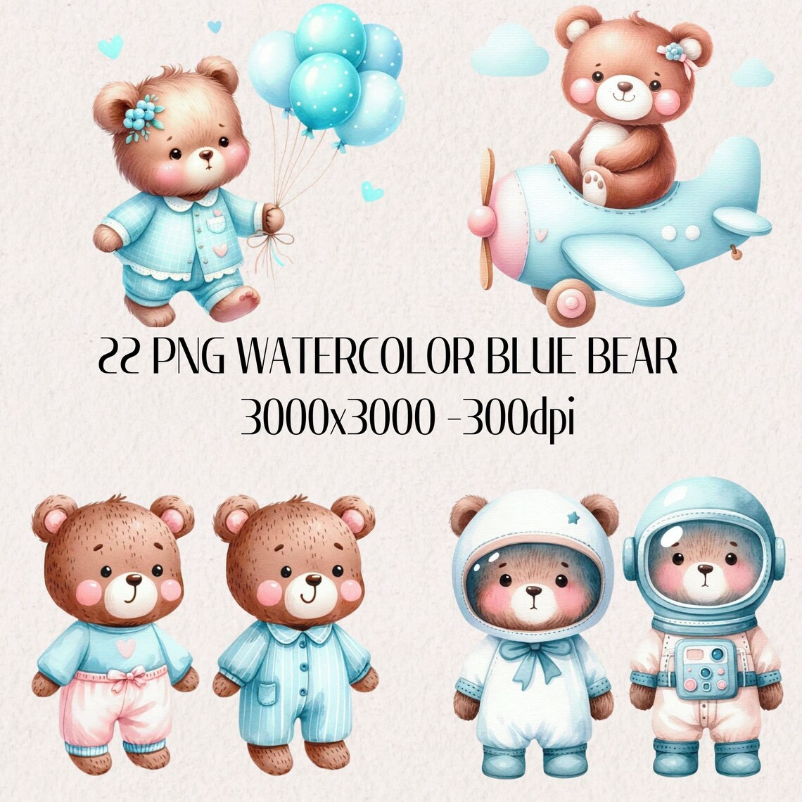 Watercolor Teddy Bear Clipart for Boy, Watercolor Baby Shower Clipart ...