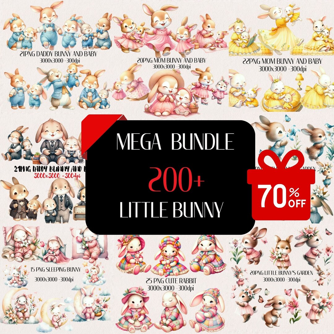 Little Bunny Watercolor Clipart Bundle, Watercolor Bunnies With Flower ...