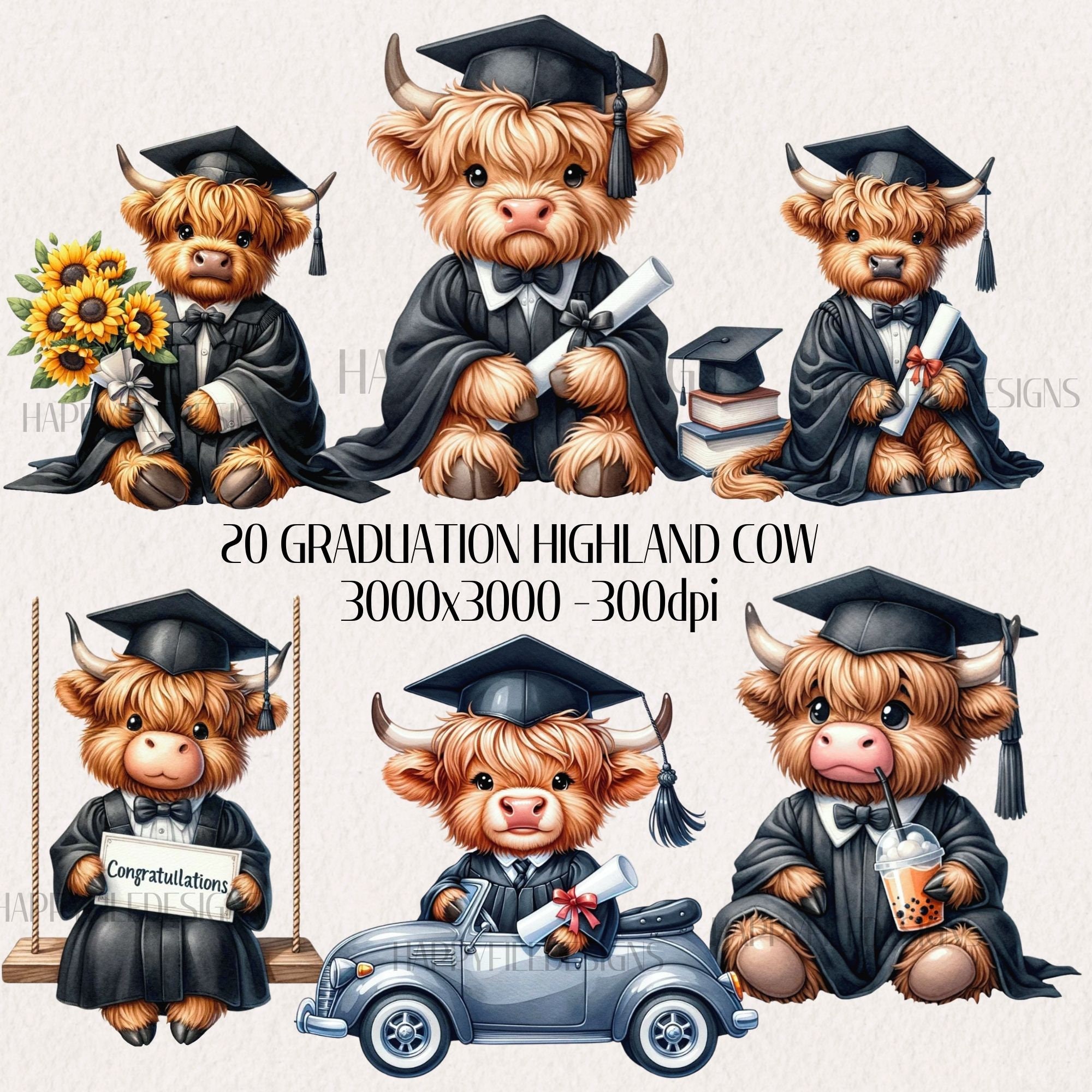 Watercolor Graduation Highland Cow Clipart, Preschool Graduation ...