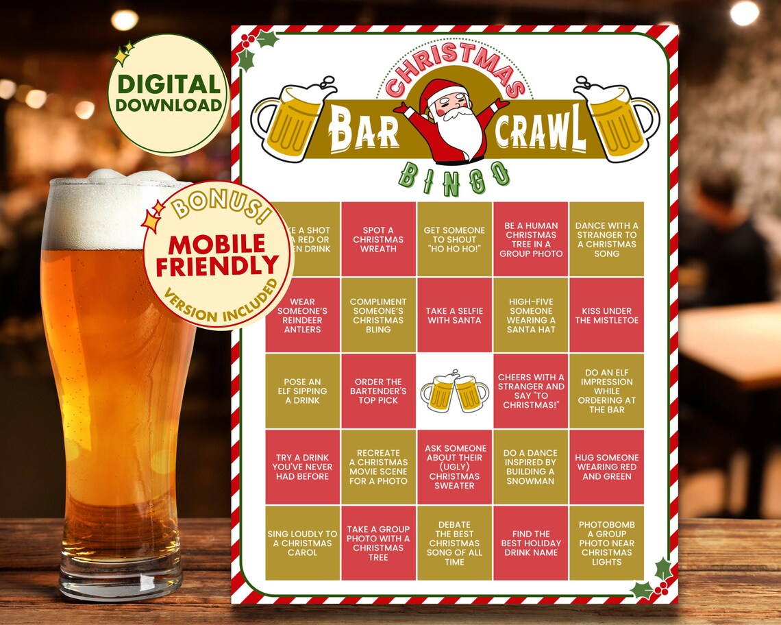 Christmas Bar Crawl Bingo Game - Printable Christmas Bingo Cards for Pub Crawls, Mix and Mingle ...