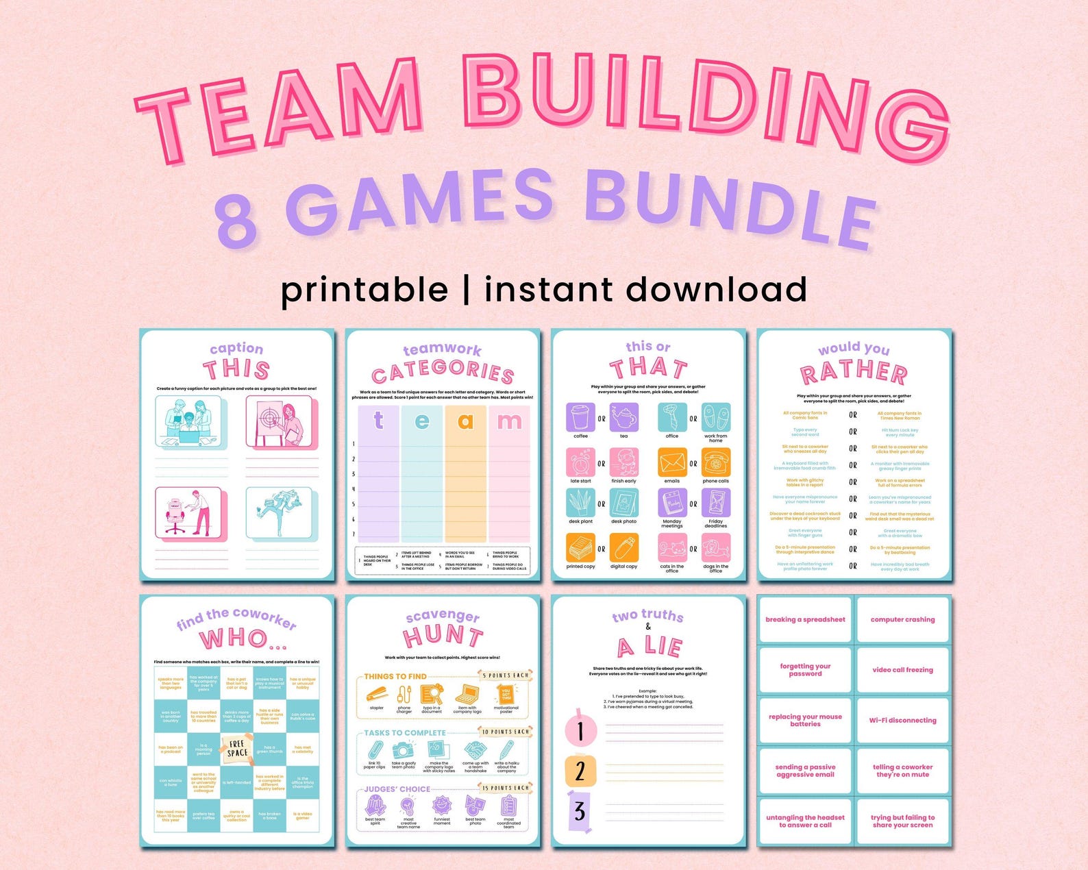 8 Printable Team Building Games Bundle Office Icebreaker Work Party ...