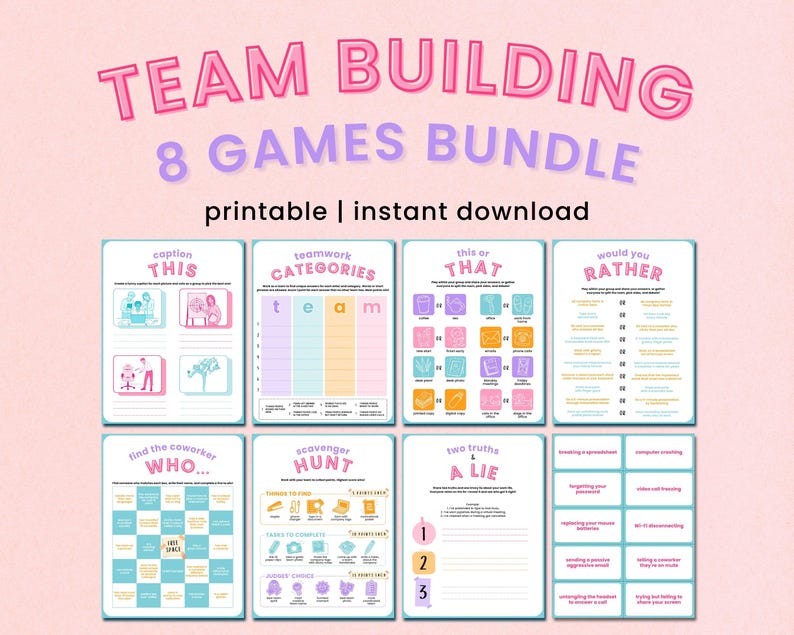 8 Printable Team Building Games Bundle Office Icebreaker Work Party ...