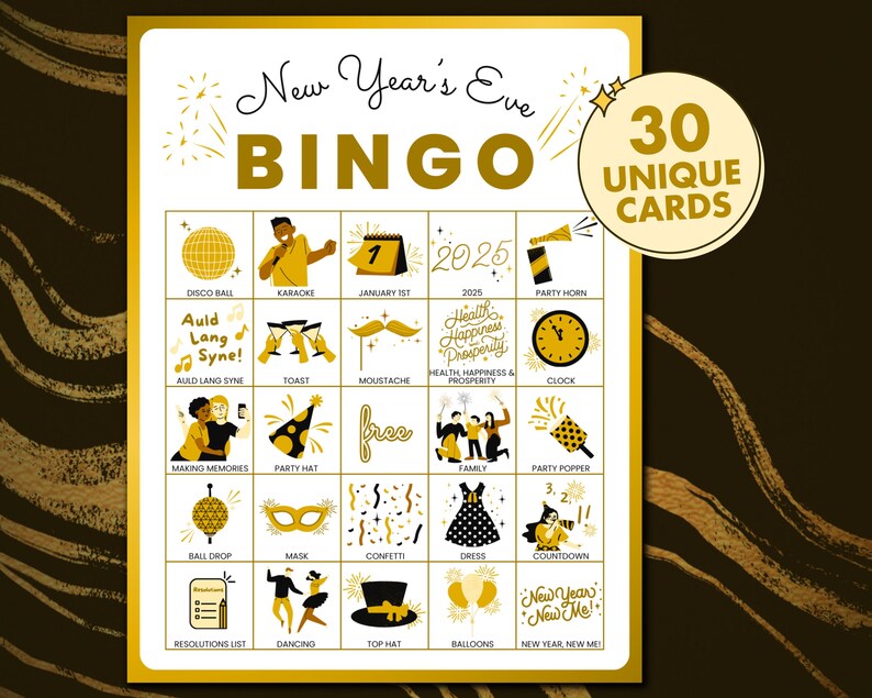 New Years Eve Bingo Game - 30 Cards, Printable New Year's Eve Game, New ...