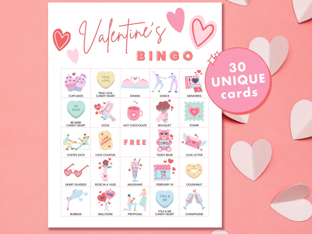 Printable Valentines Day Bingo 30 Unique Bingo Cards, Valentines Mix ...