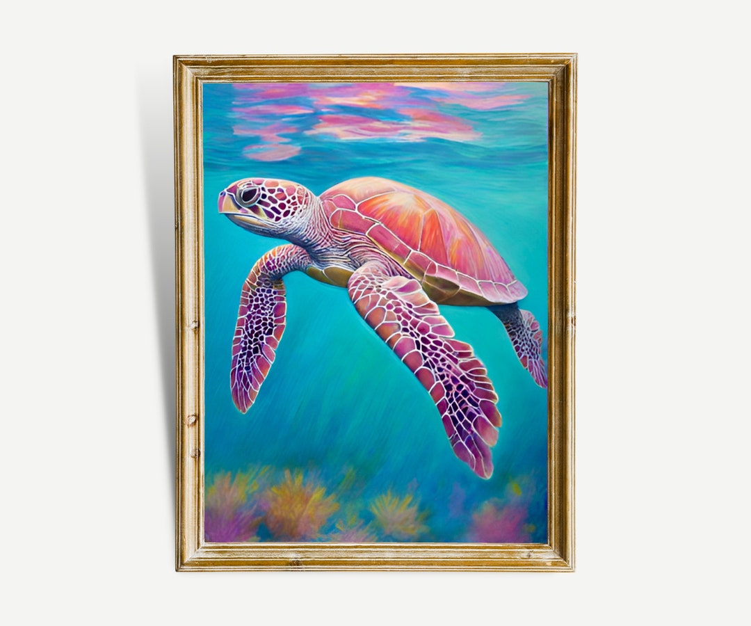 Trendy Sea Turtle Art Print, Beachy Room Decor, Coastal Painting, Pink ...