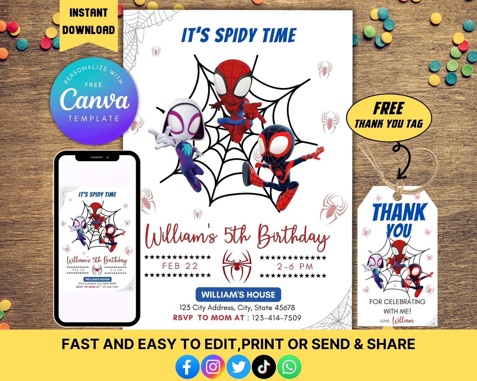 Editable Spidey Birthday Party Invitation Template With Thank You Tag ...