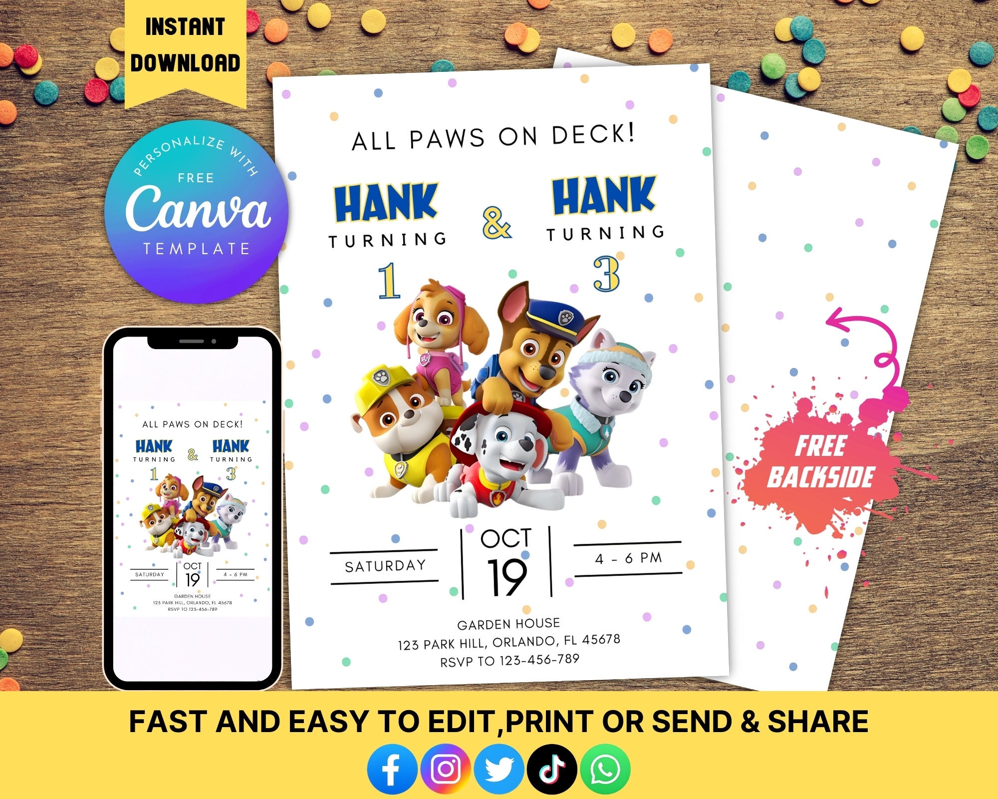 Editable Cartoon Siblings Birthday Invitation Digital Template With ...