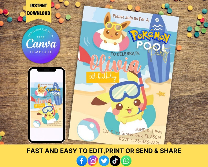 Editable Kids Birthday Pool Party Invitation Cartoon Pool Party Invite ...