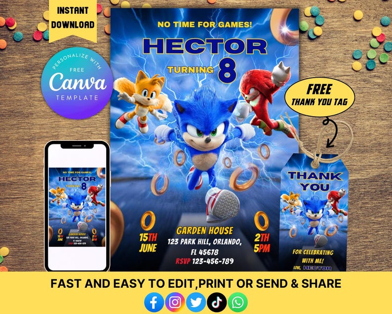 Editable Sonic Birthday Party Invitation Template With Thank You Tag ...