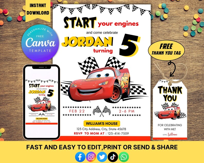 Editable Cars Birthday Party Invitation Template With Thank You Tag ...