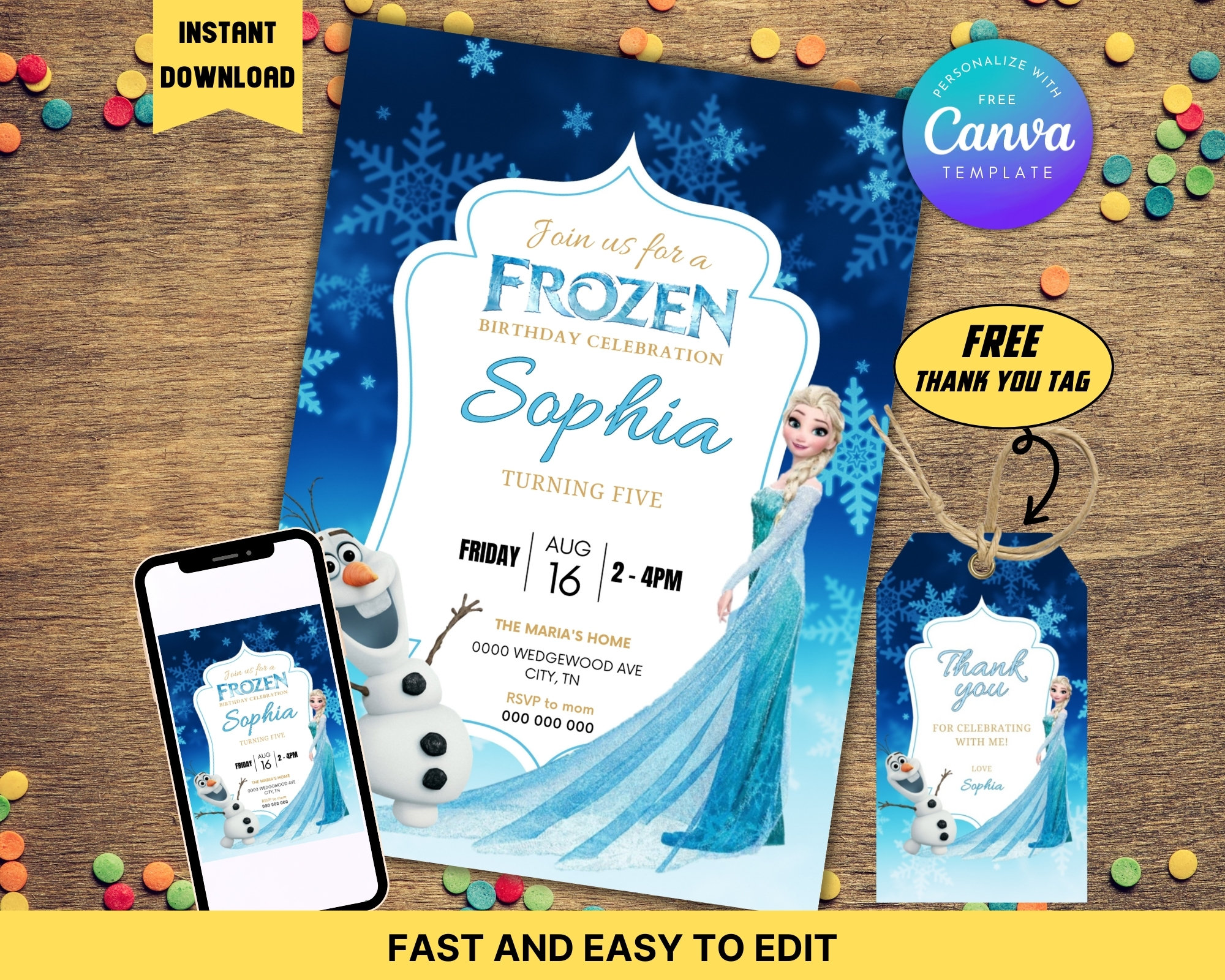 Editable Frozen Birthday Party Invitation With Thank You Tag Elsa ...