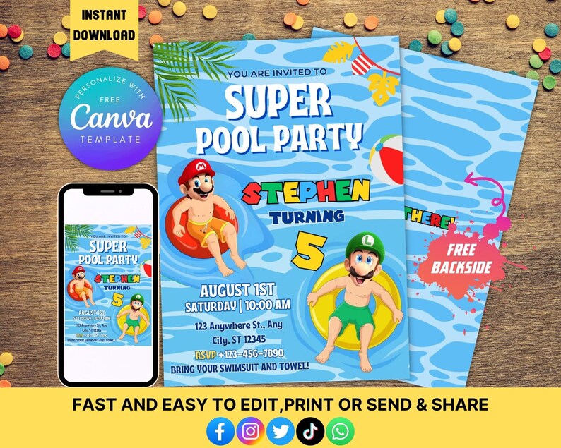 Editable Super Mario and Luigi Birthday Pool Party Invitation Template ...
