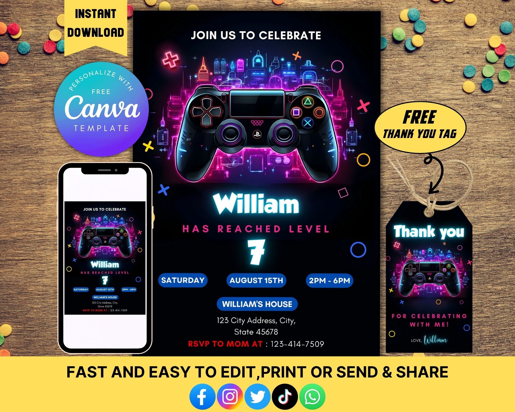 Editable Video Game Party Invitation Template With Thank You Tag, Video ...
