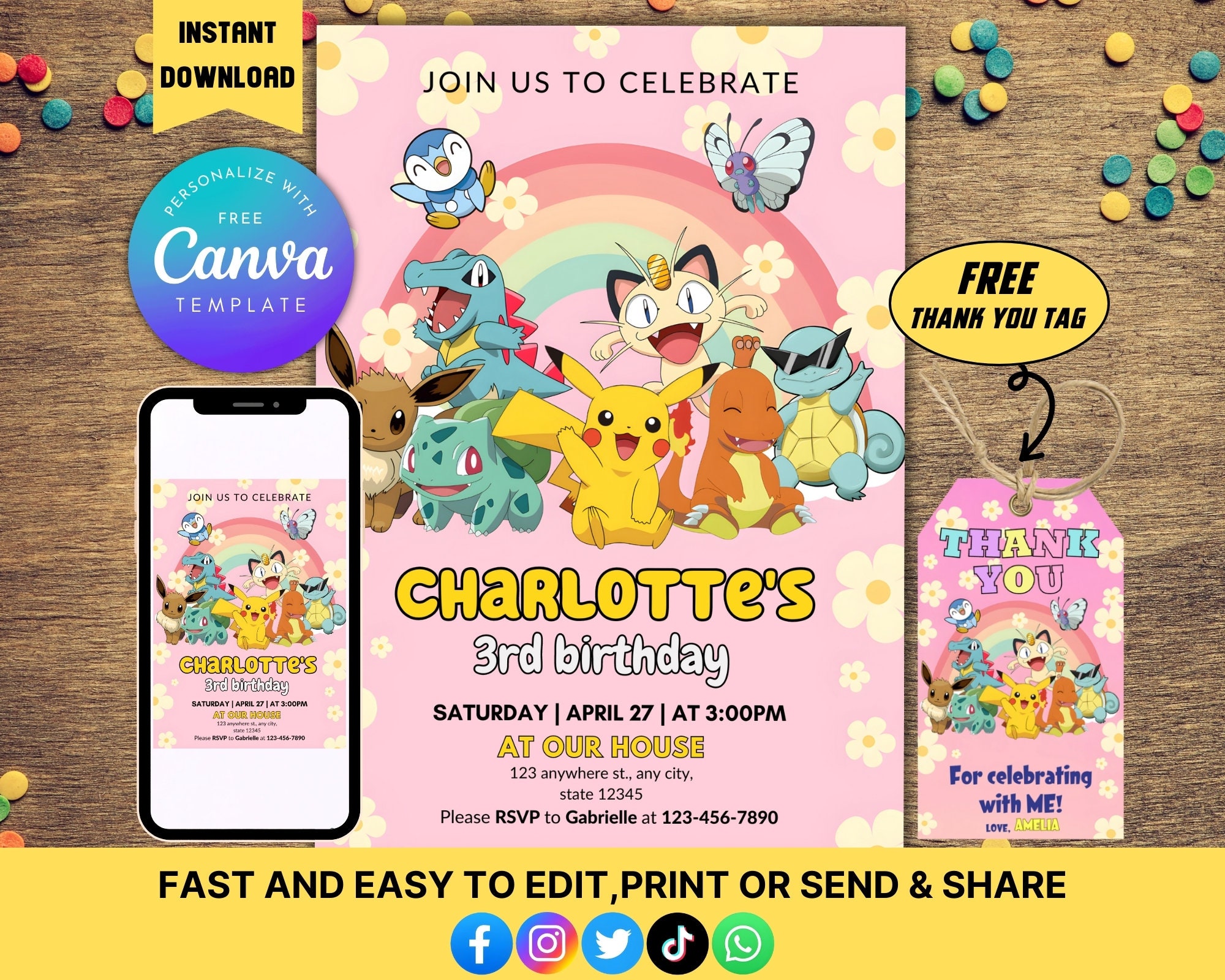 Editable Cartoon Birthday Party Invitation Canva Template With Thank ...