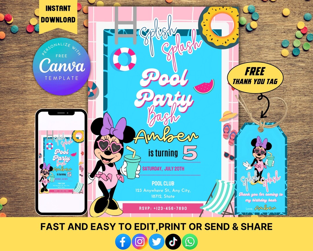Editable Girls Birthday Pool Party Invitation With Free Thank You Tag ...
