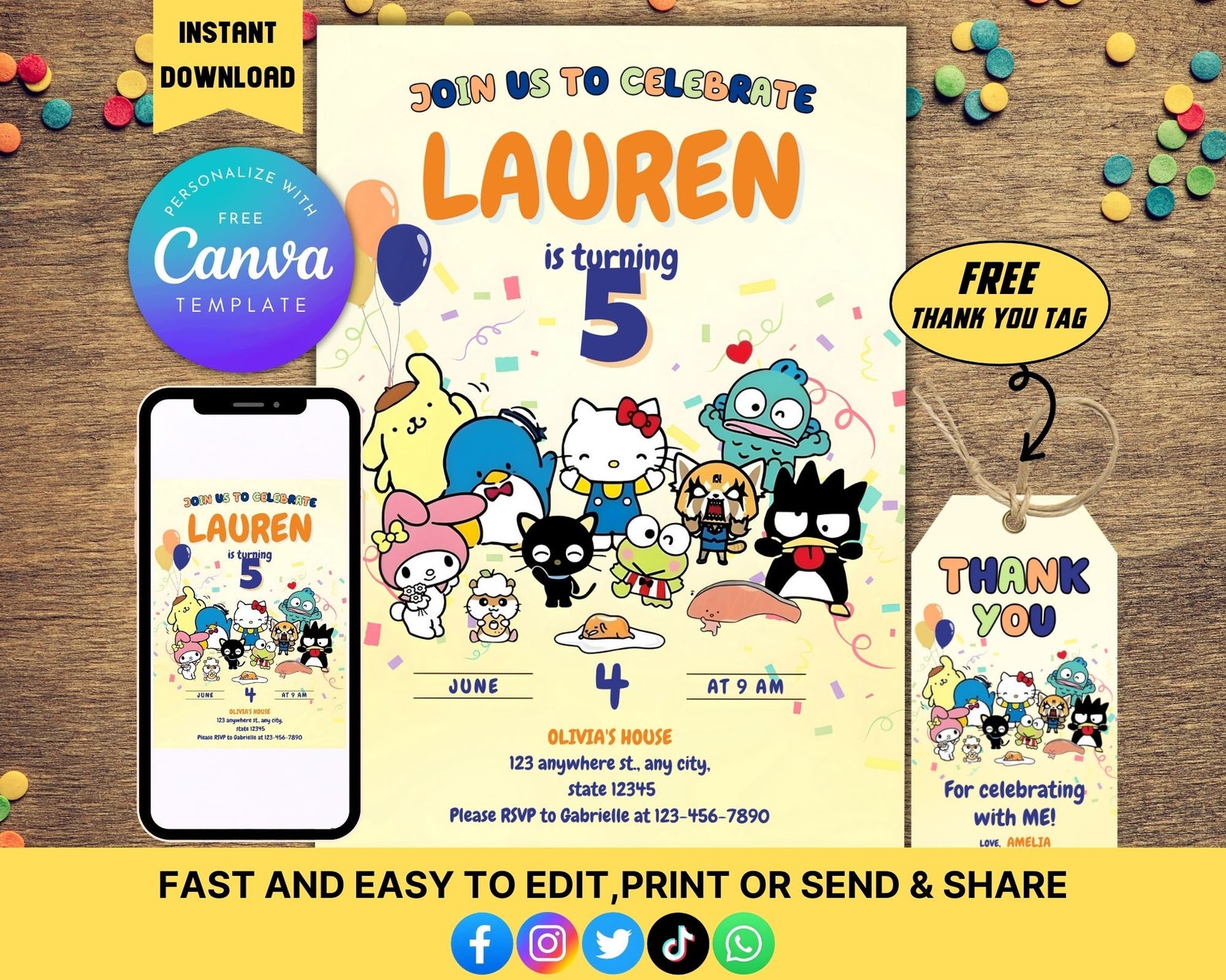 Editable Girls Birthday Party Invitation Canva Template With Thank You ...