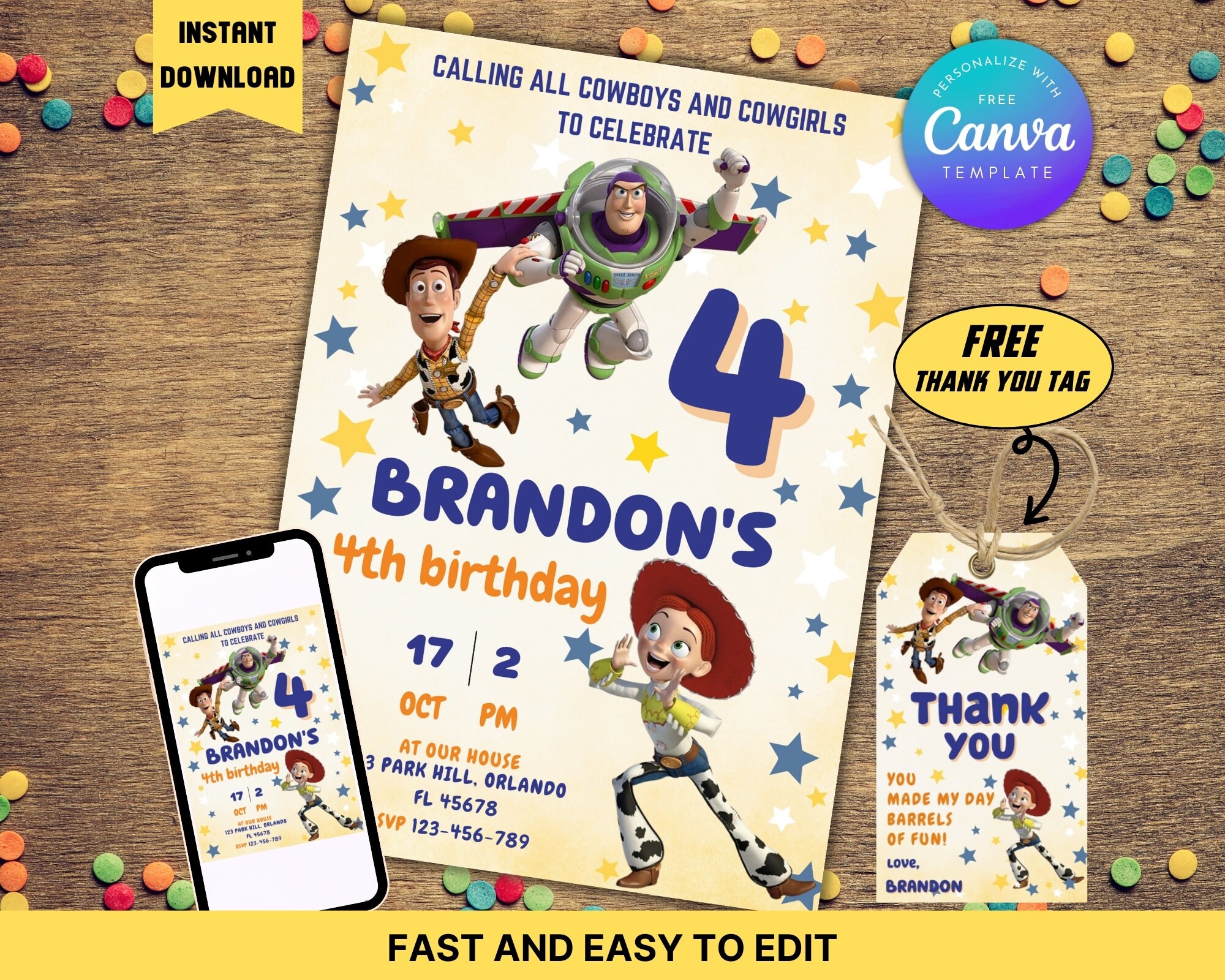 Editable Toy Story Birthday Party Invitation Template With Thank You ...