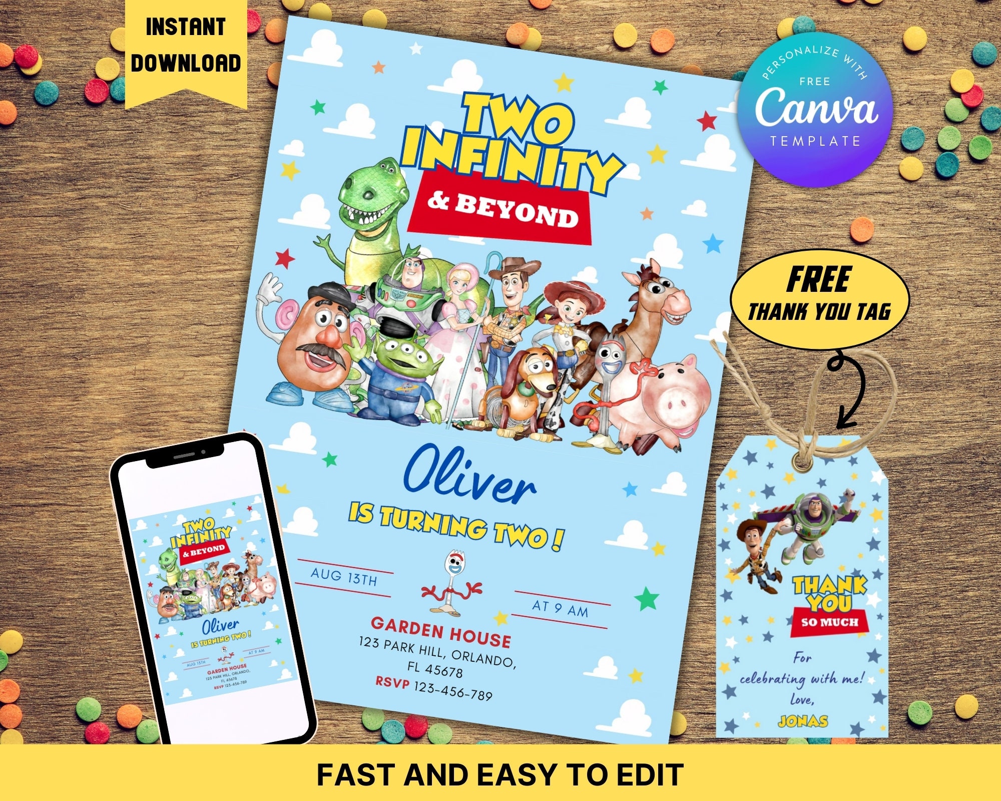 Editable Toy Story Birthday Party Invitation Template With Thank You ...