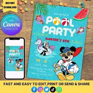 Editable Mickey Birthday Pool Party Invitation Template for Boys and ...