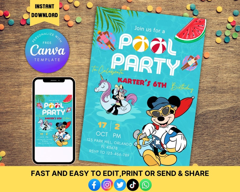 Editable Mickey Birthday Pool Party Invitation Template for Boys and ...