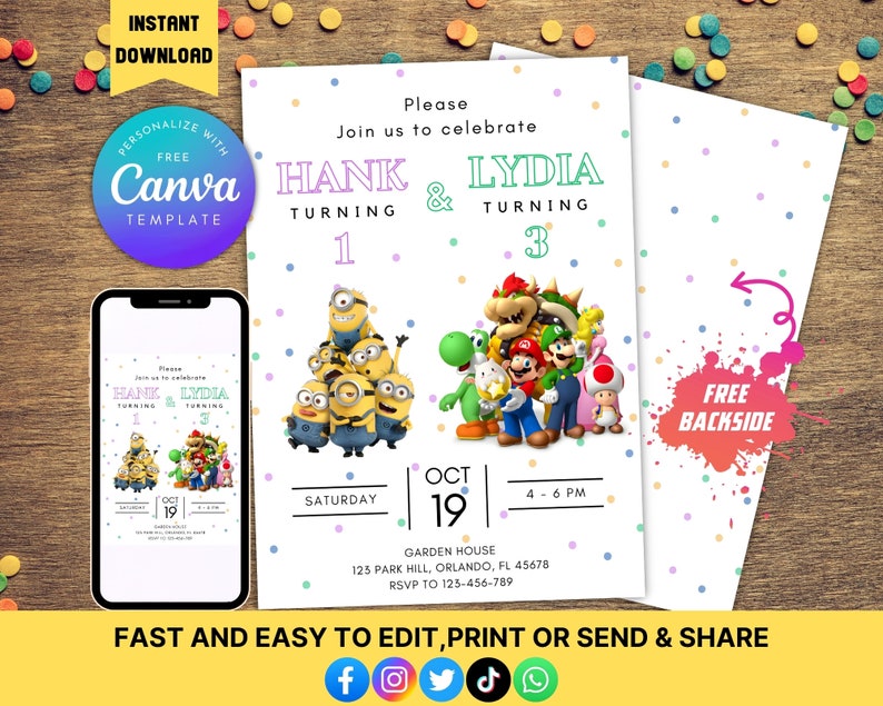 Editable Two Themes Sibling Birthday Invitation Digital Template With ...