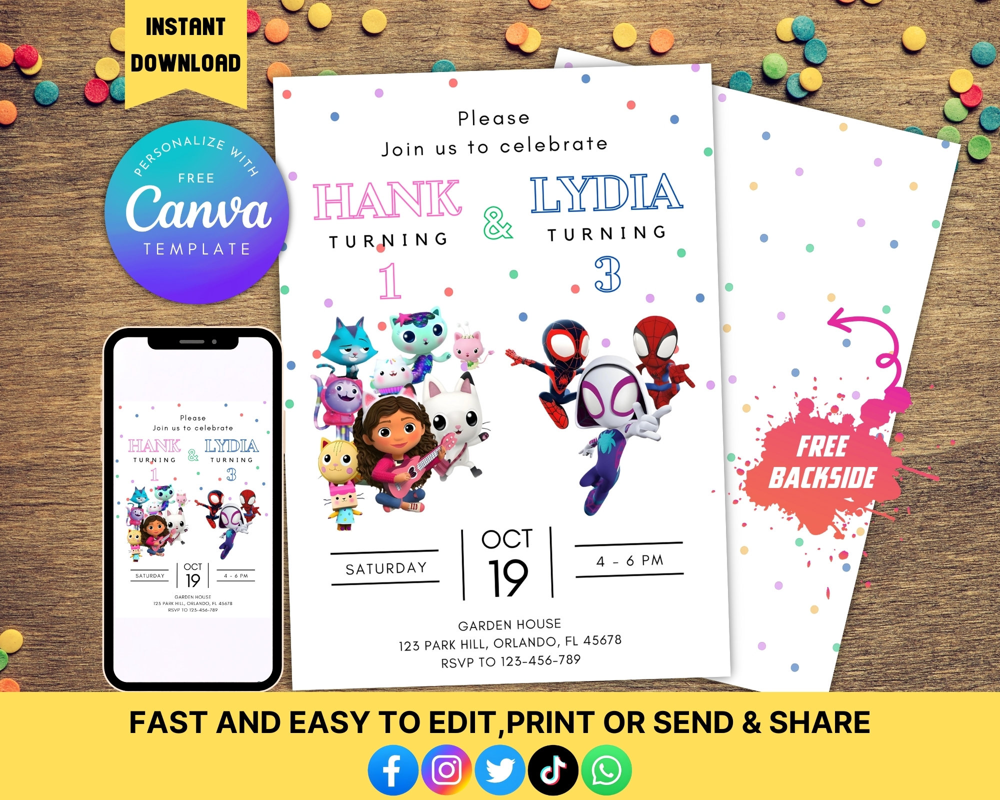 Editable Two Themes Sibling Birthday Invitation Digital Template With ...