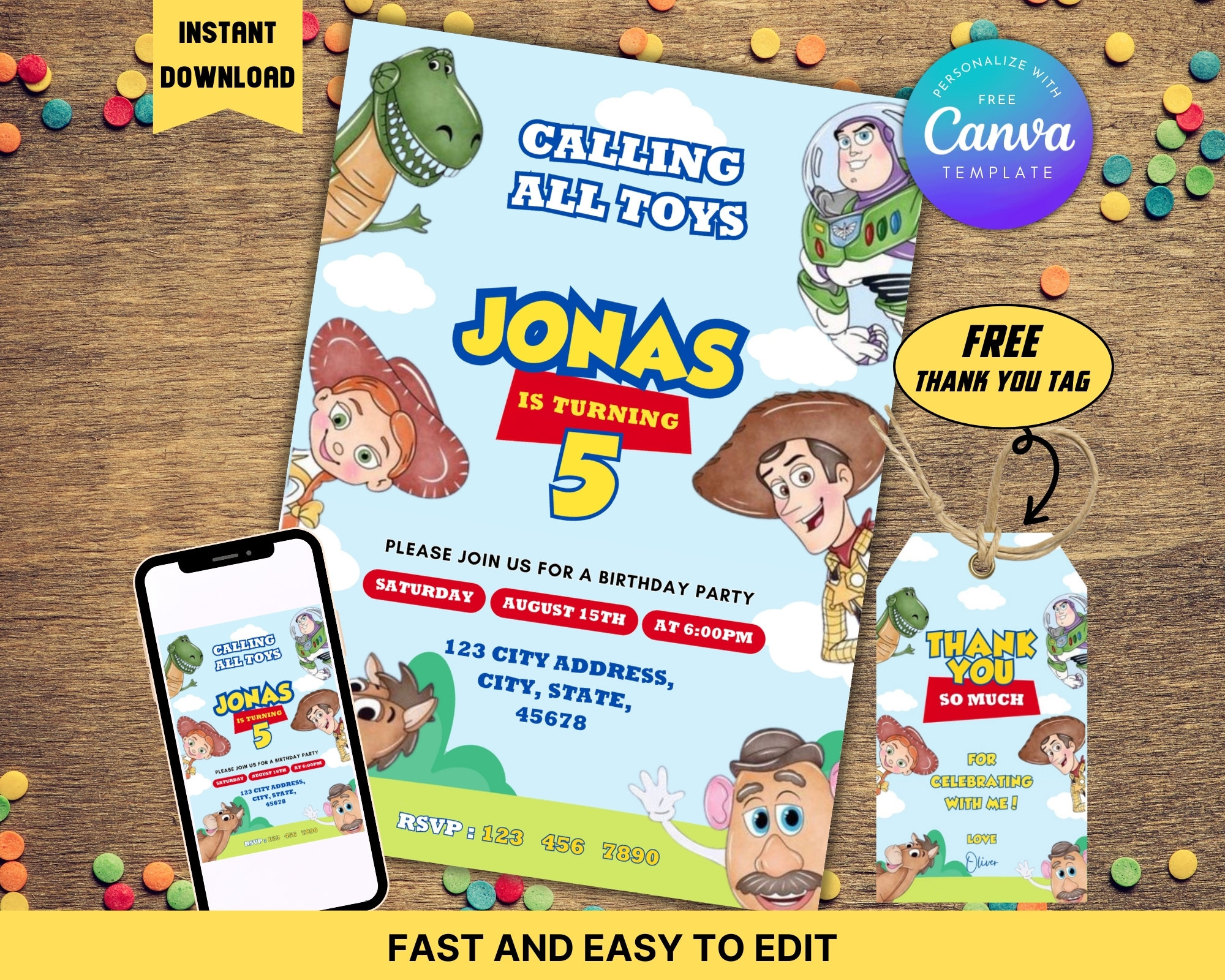 Editable Toy Story Birthday Party Invitation Template With Thank You ...