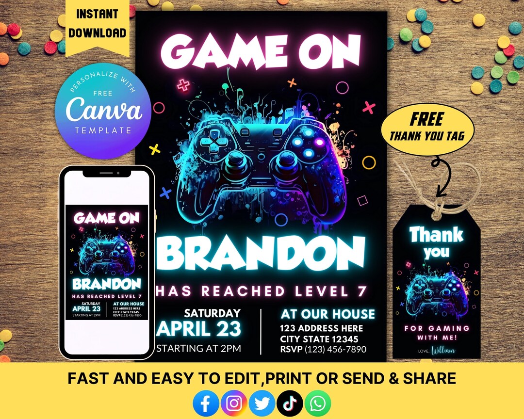 Editable Video Game Party Invitation Template With Thank You Tag, Video ...