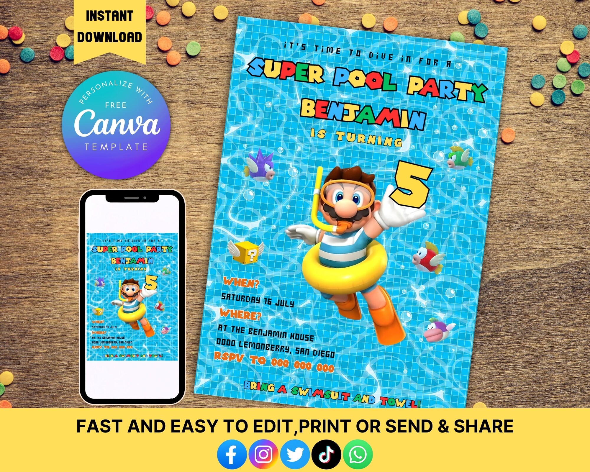Editable Super Mario Birthday Pool Party Invitation Template, Mario ...
