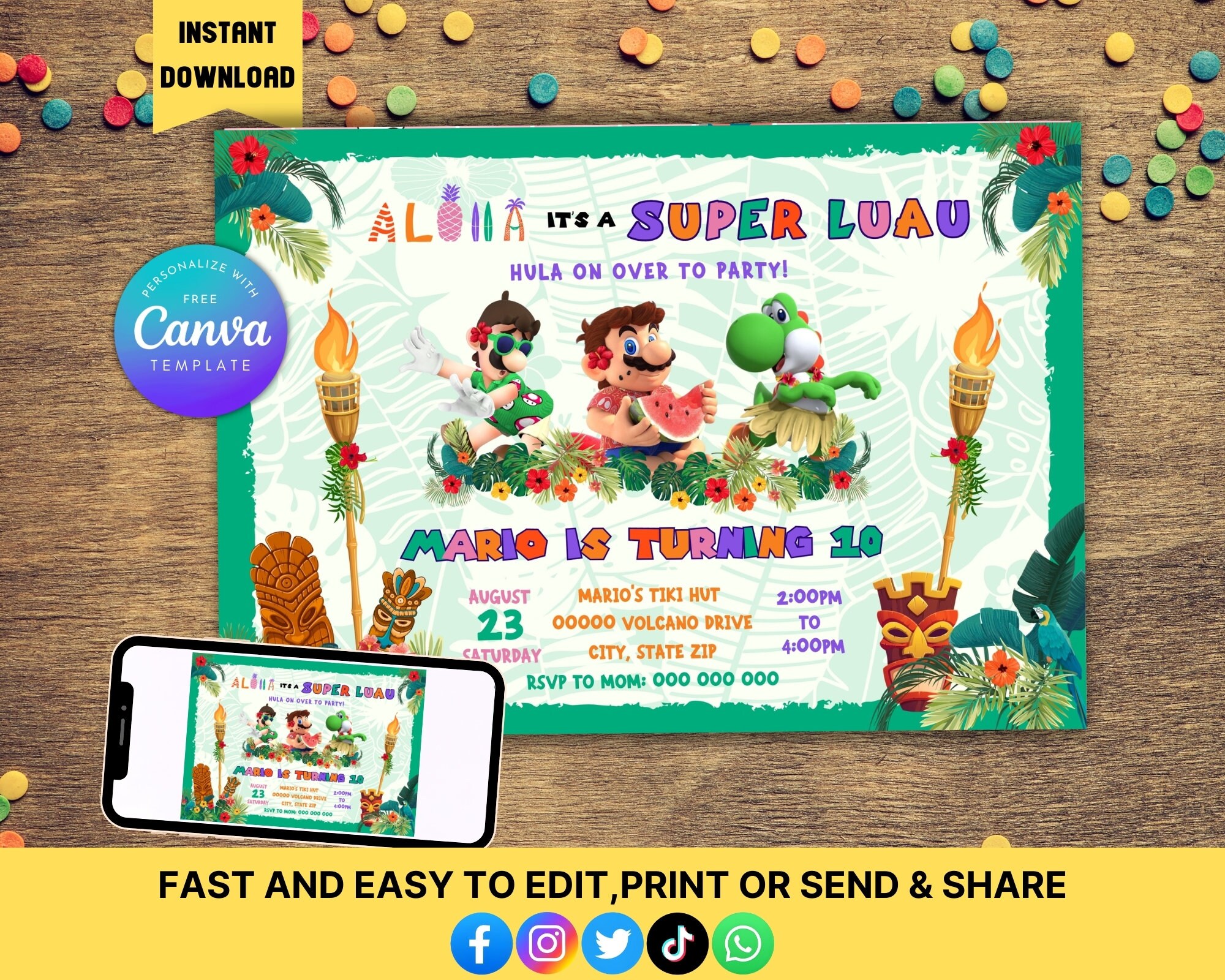 Editable Super Mario Aloha Pool Party Invitation Birthday Pool Party ...