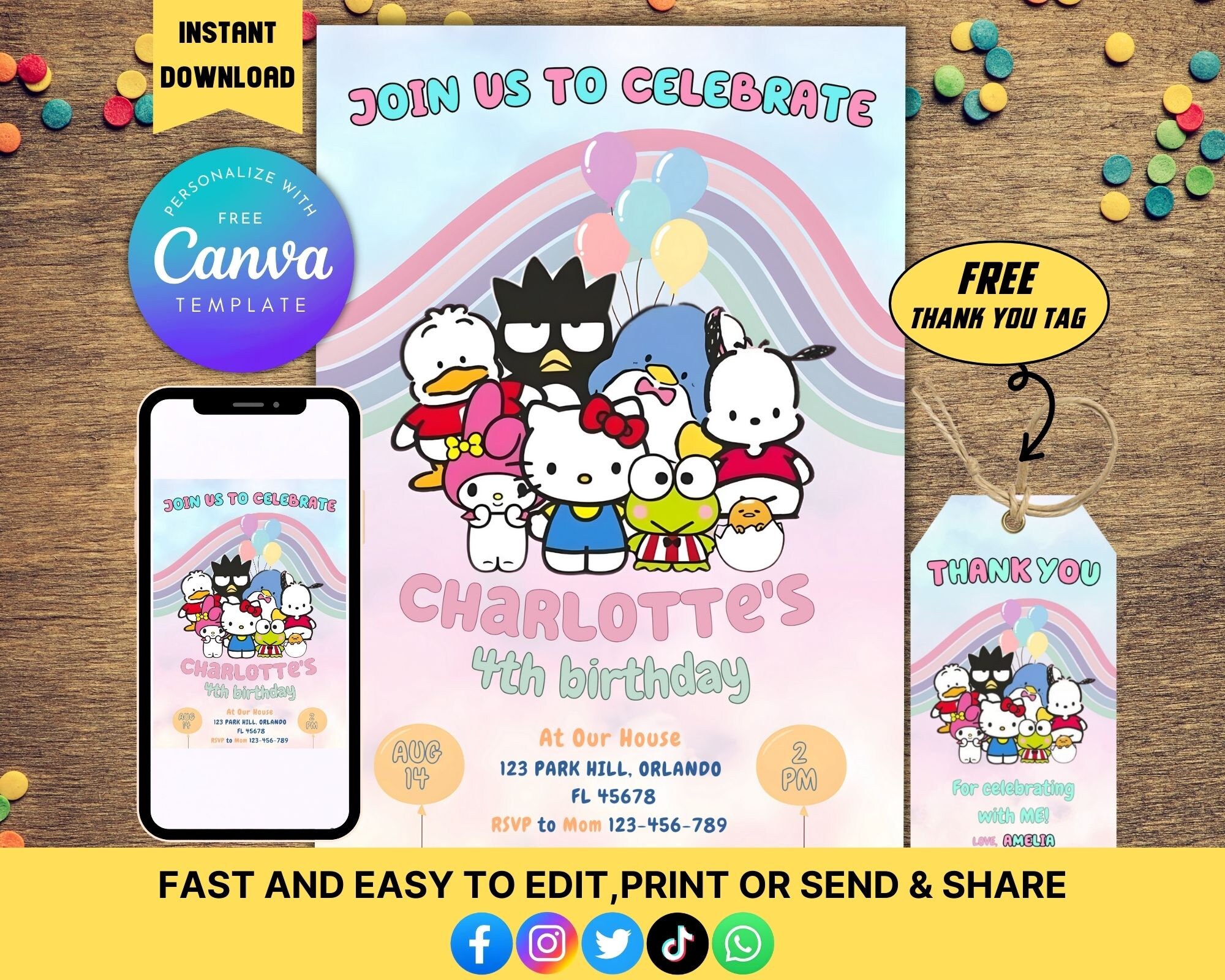 Editable Girls Birthday Party Invitation Canva Template With Thank You ...