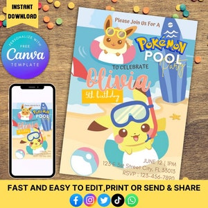 Editable Kids Birthday Pool Party Invitation Cartoon Pool Party Invite ...