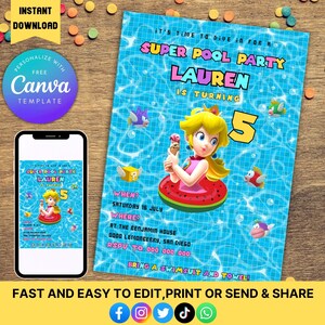 Editable Princess Paech Birthday Pool Party Invitation Template, Girls ...