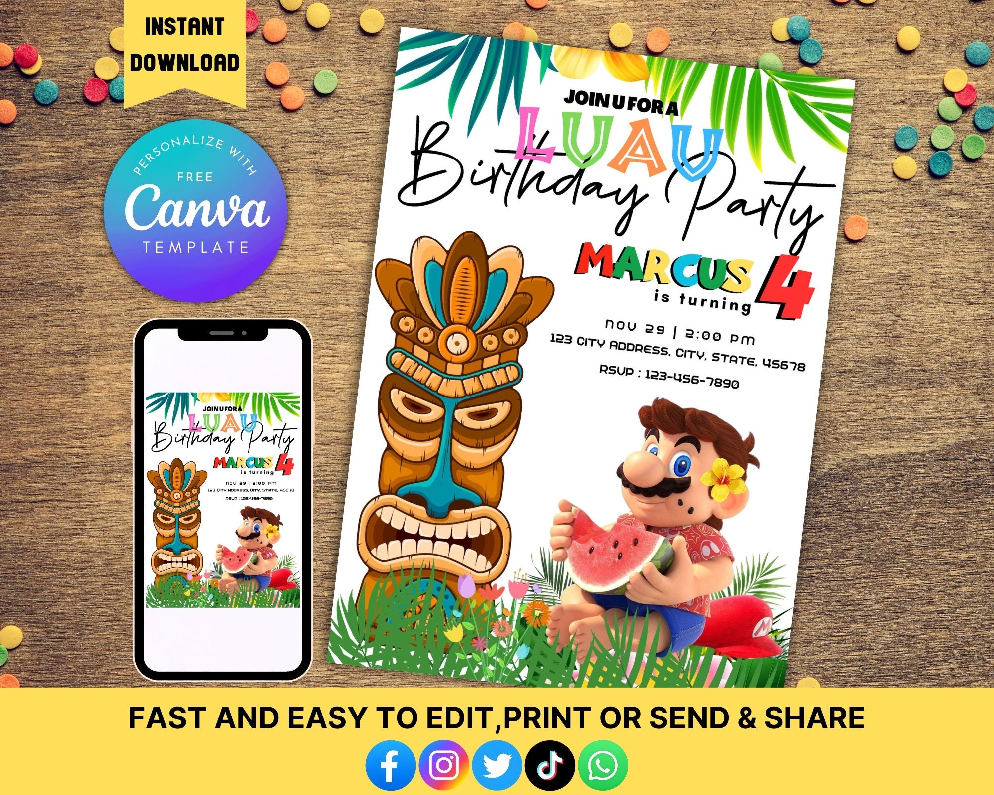 Editable Super Mario Aloha Pool Party Invitation Birthday Pool Party ...
