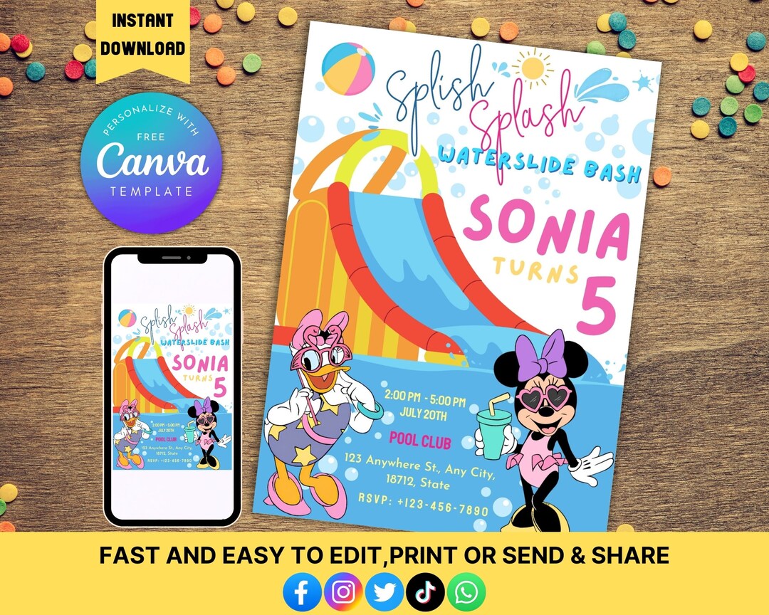 Editable Minnie Birthday Pool Party Invitation Template for Girls Pool ...