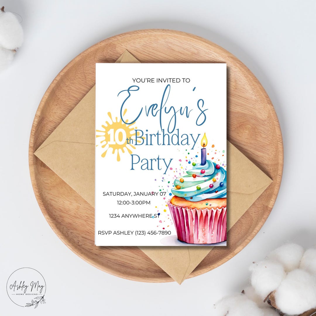 Simple Colorful Birthday Invite, Editable Invitation, Cupcake ...