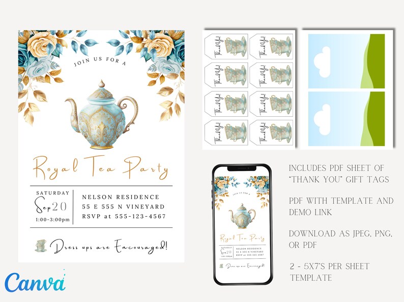 Editable Blue Tea Party Invitation - Etsy