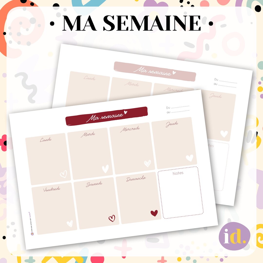Weekly Planner, Planner in French • Work, Home, School • Heart Patterns ...