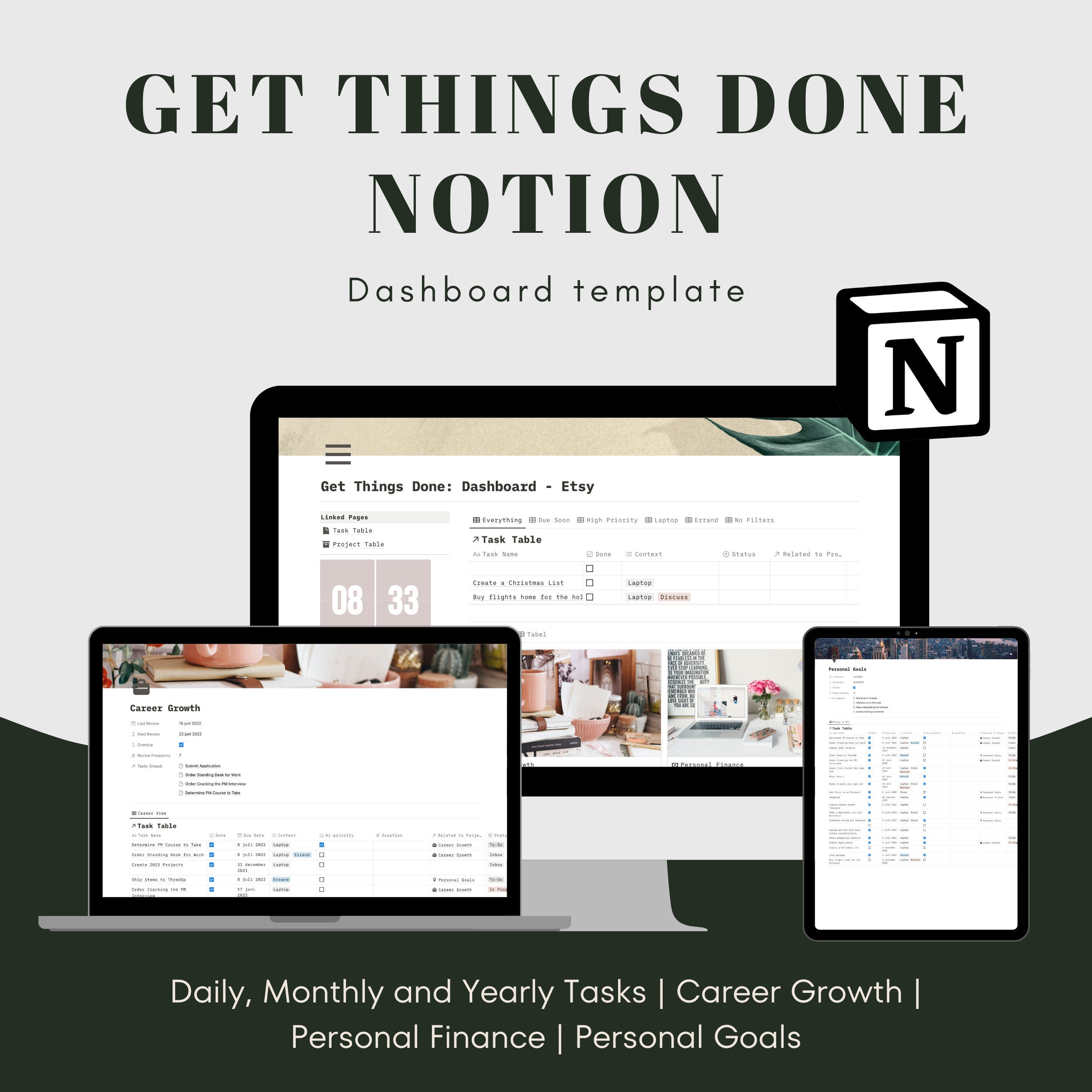 Get Things Done Notion Dashboard Template for Daily, Monthly, & Yearly ...