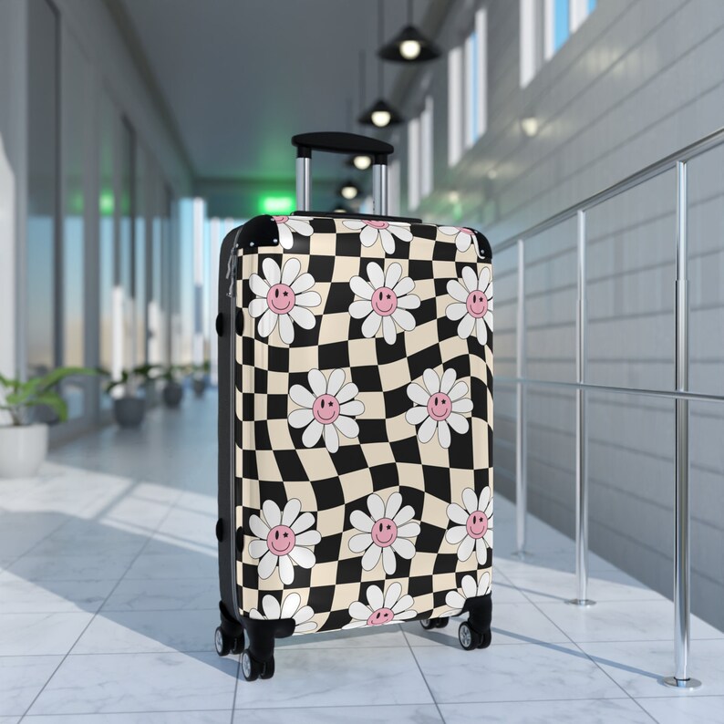 Checkered Pink Daisy Smiley Face Suitcase - Etsy