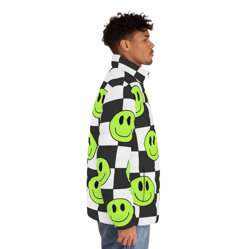 Smiley Checkered Puffer Jacket, Womens Puffer Jacket, Mens Puffer ...