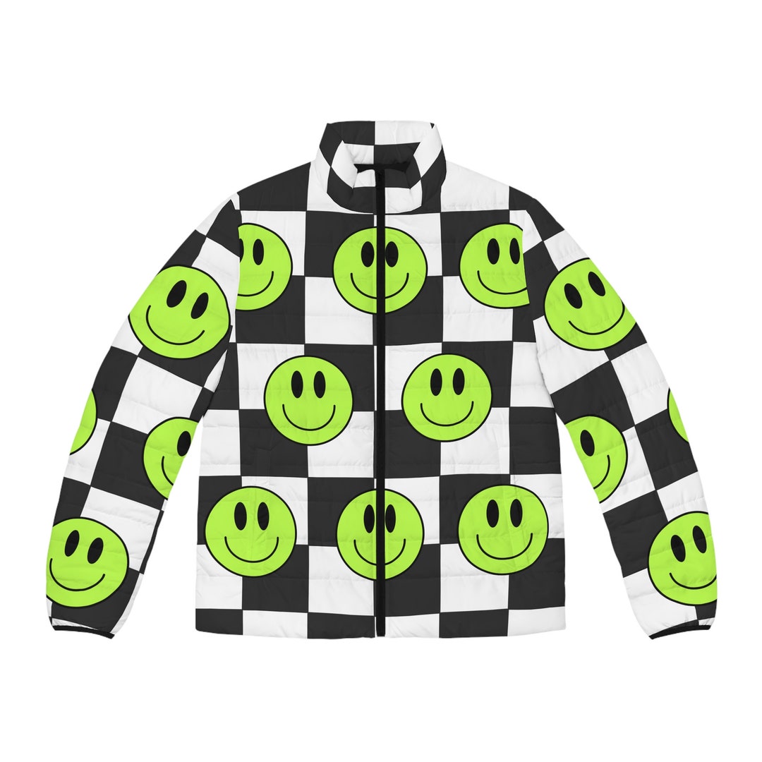 Smiley Checkered Puffer Jacket, Womens Puffer Jacket, Mens Puffer ...