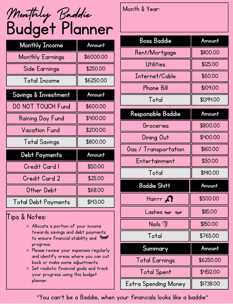 Baddie Paycheck Budget Planner, EDITABLE Budget Template, PDF Printable ...
