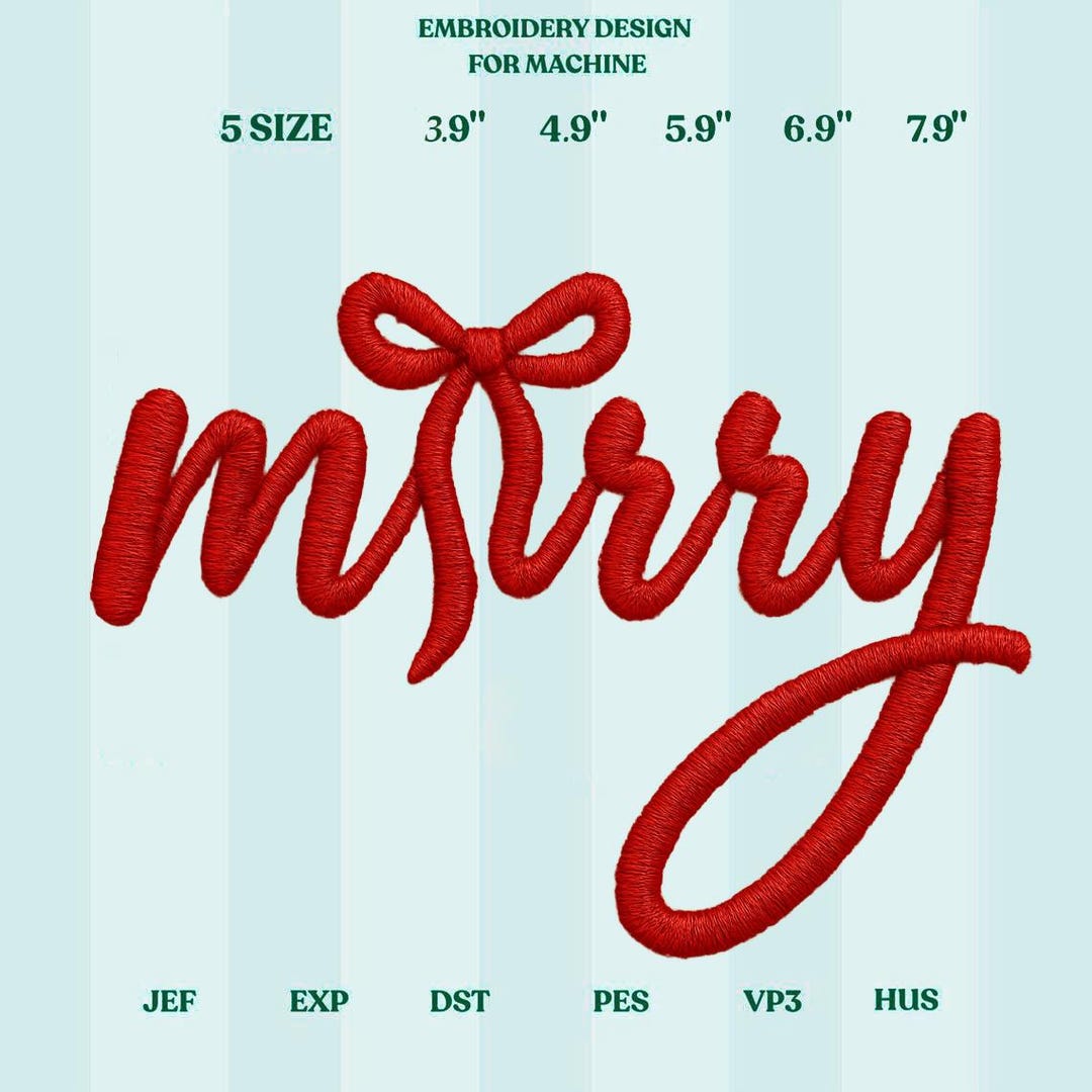 Merry Script Embroidery Design, Christmas Word Embroidery File With Bow ...
