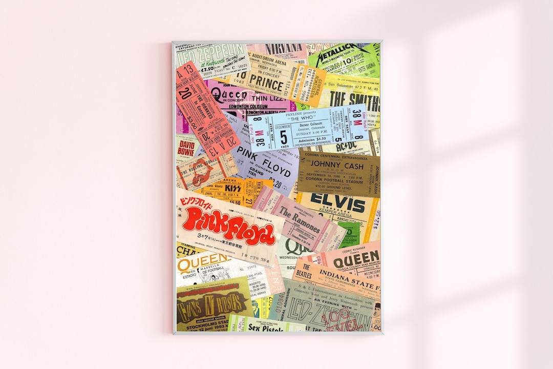 Old Concert Tickets Poster, Digital Print, Pink Floyd, Queen, Elvis ...