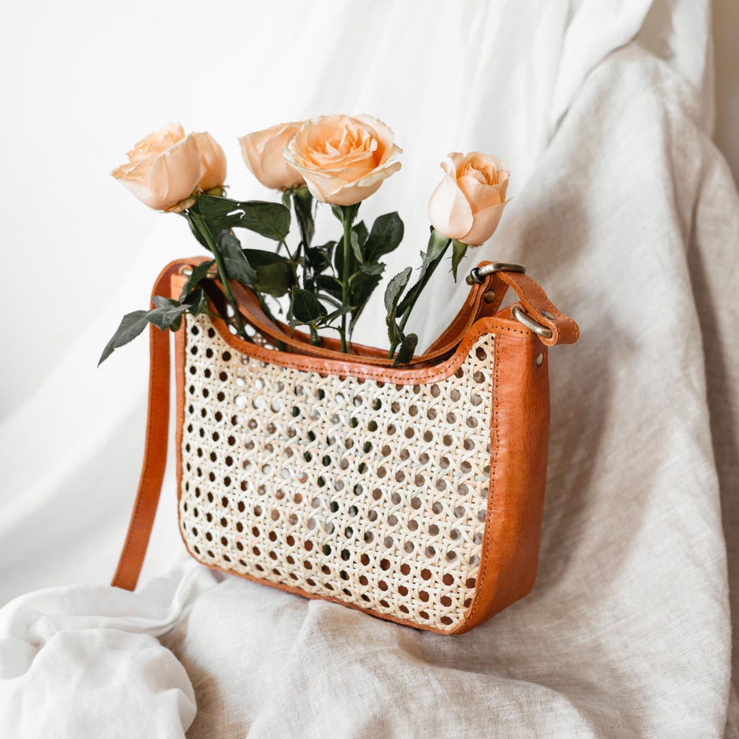 Luxury Rattan Cross Body Bag With Leather Trim, Handmade Rattan Cross ...