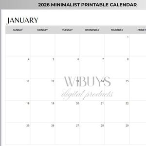 2026 Single-style Minimalist Calendar Jan - Dec L Instant Digital ...