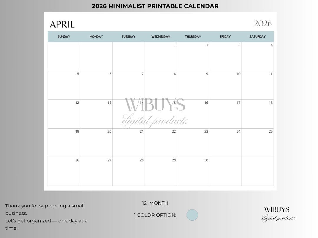 2026 Single-style Minimalist Calendar Jan - Dec L Instant Digital ...