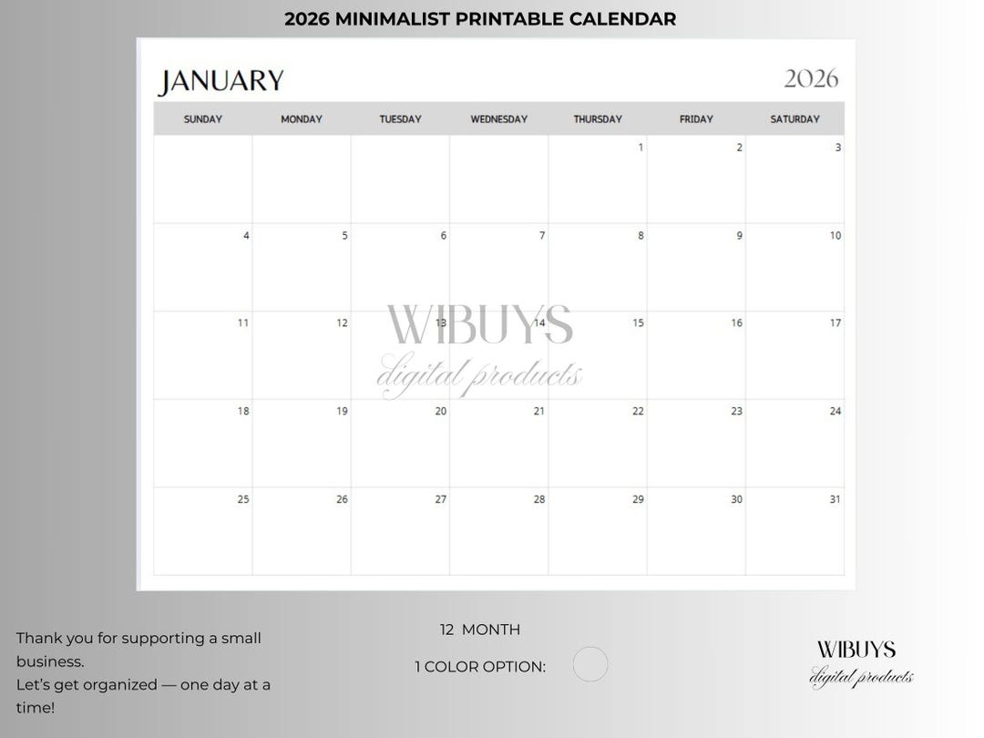 2026 Single-style Minimalist Calendar Jan - Dec L Instant Digital ...